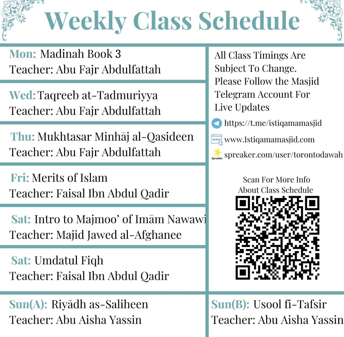 Weekly class schedule | Masjid Istiqamah – aljamaykee.com